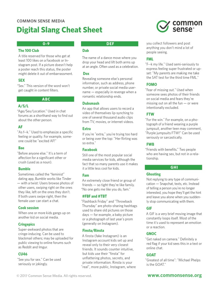 Digital Slang Cheat Sheet: Common Sense Media | PDF | Snapchat | Social ...