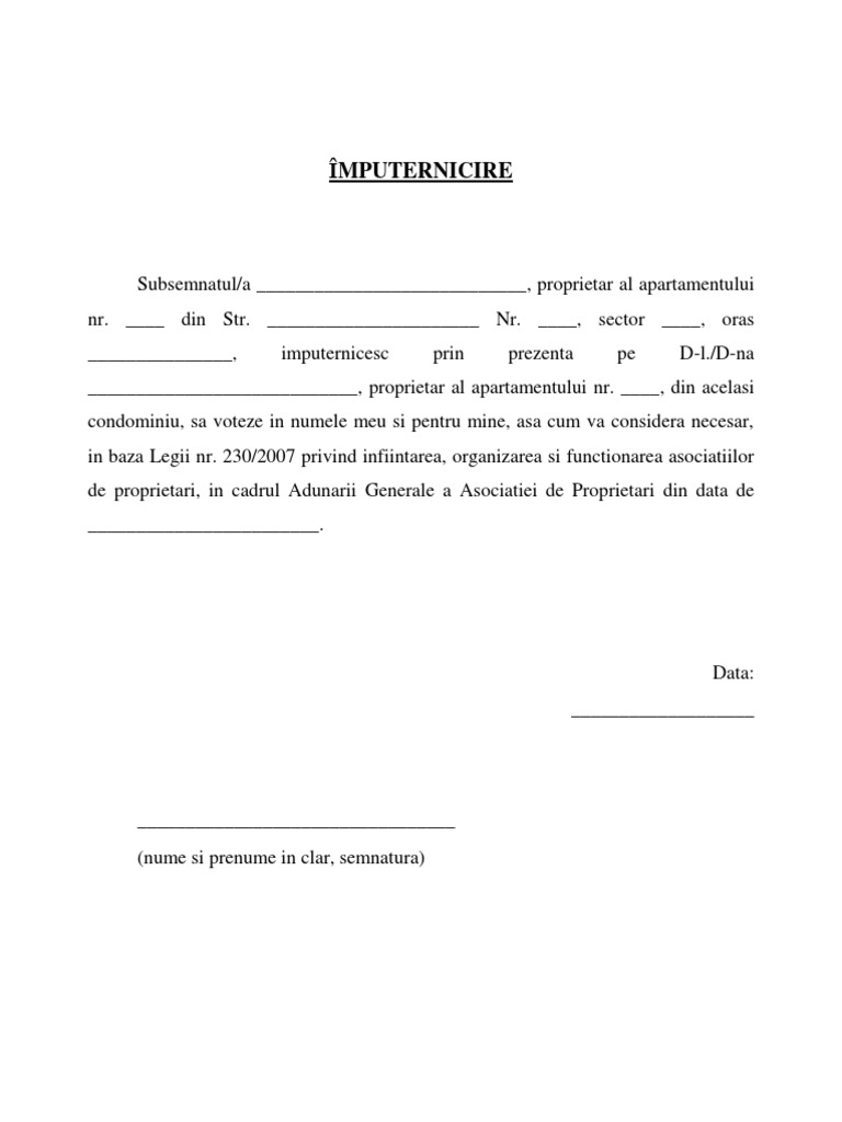 Imputernicire Proprietar Adunare Generala PDF | PDF