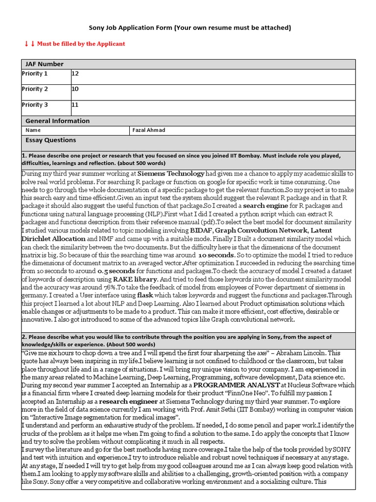 Sony Job Application Form (Your Own Resume Must Be Attached) | Download ...