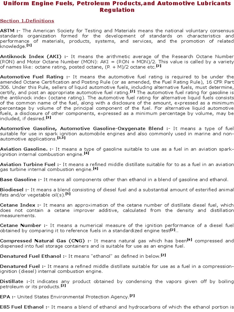 Uniform Engine Fuels Regulation Definitions | PDF | Gasoline | Internal ...
