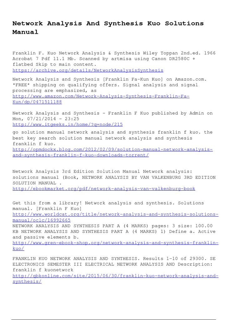 Network Analysis and Synthesis Kuo Solutions Solution Manual For ...