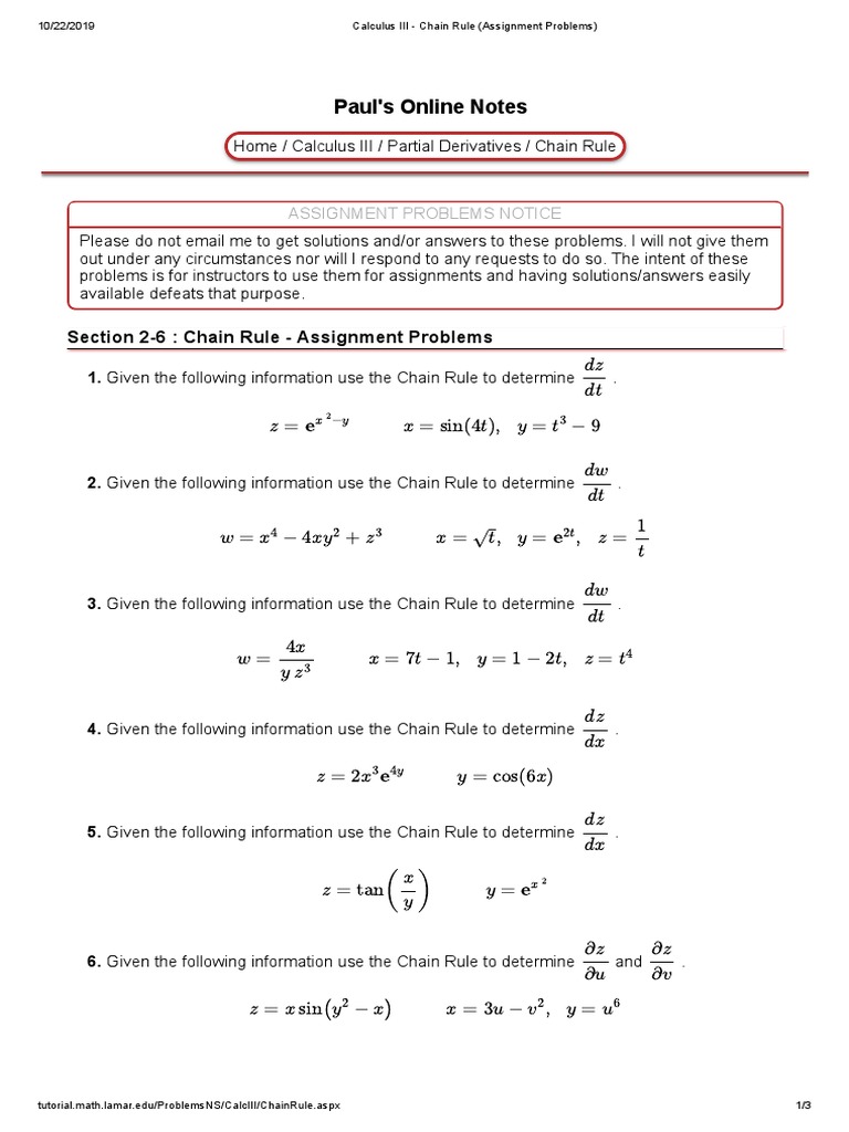 Calculus III - Chain Rule (Assignment Problems) | PDF | Subtraction ...