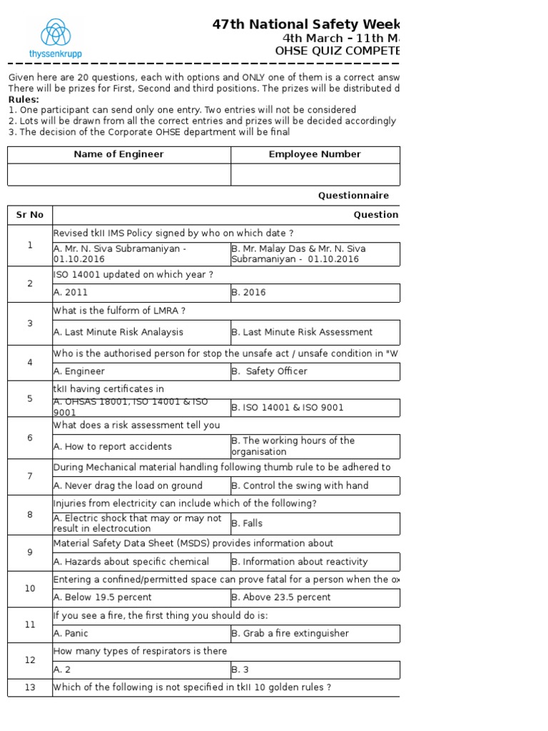 47th National Safety Week Celebrations: 4th March - 11th March Ohse ...