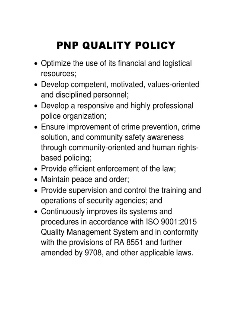 PNP Quality Policy and Conduct Guidelines | PDF