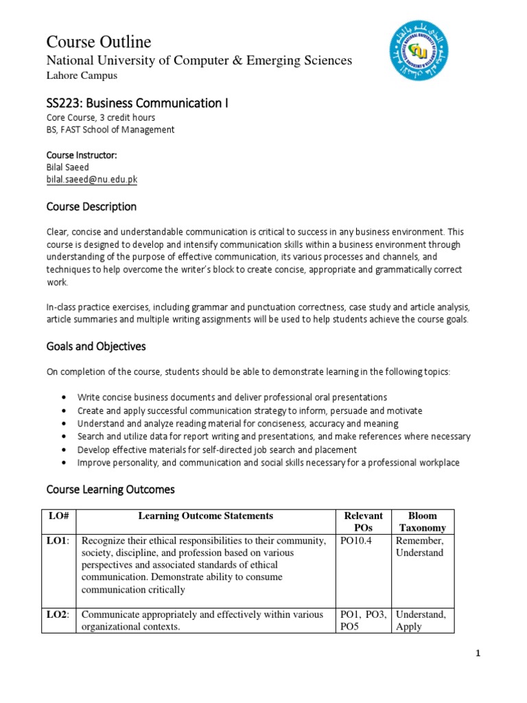 Course Outline - Business Communication I - Fall 2015 | PDF | Test ...