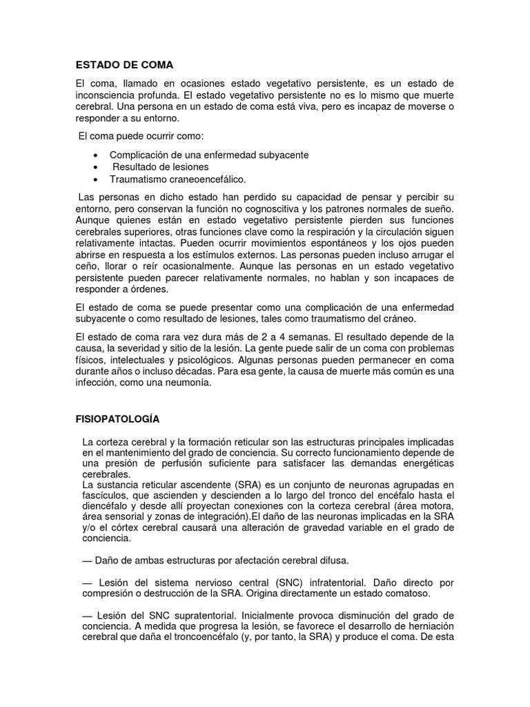 Estado de Coma: Definición y Causas | PDF | Coma | Sistema nervioso central