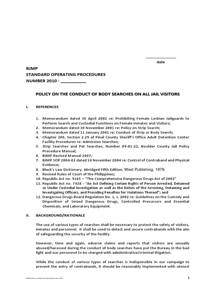 BJMP Policy On Body Search-Draft | PDF | Arrest | Arrest Warrant