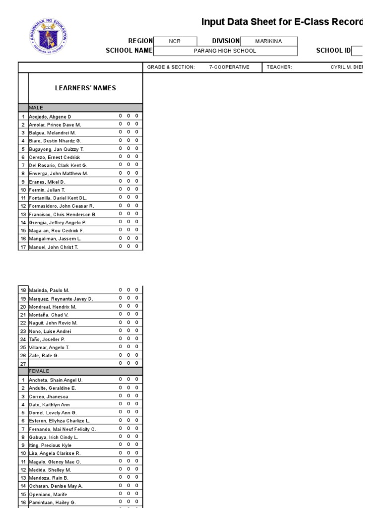 Input Data Sheet For E-Class Record: Region Division School Name School ...