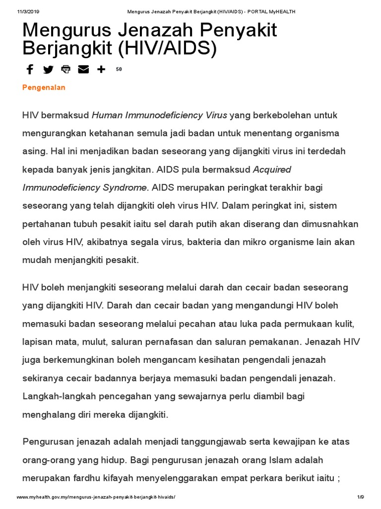 Mengurus Jenazah Penyakit Berjangkit (HIV - AIDS) - PORTAL MyHEALTH | PDF