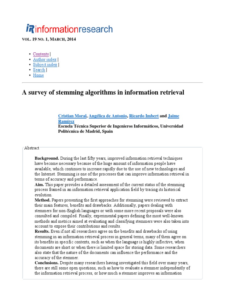 A Survey Of Stemming Algorithms In Information Retrieval Author Index Subject Index Search Home