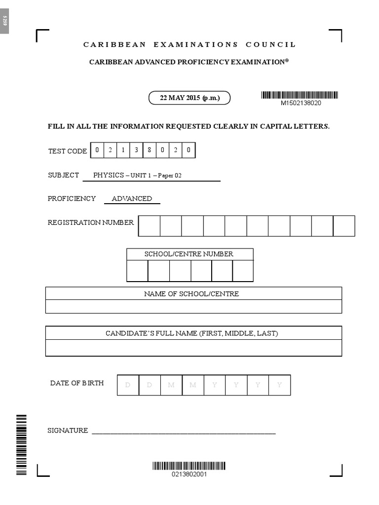 Unit 1 Cape Physics Specimen Paper | PDF | Thermometer | Temperature