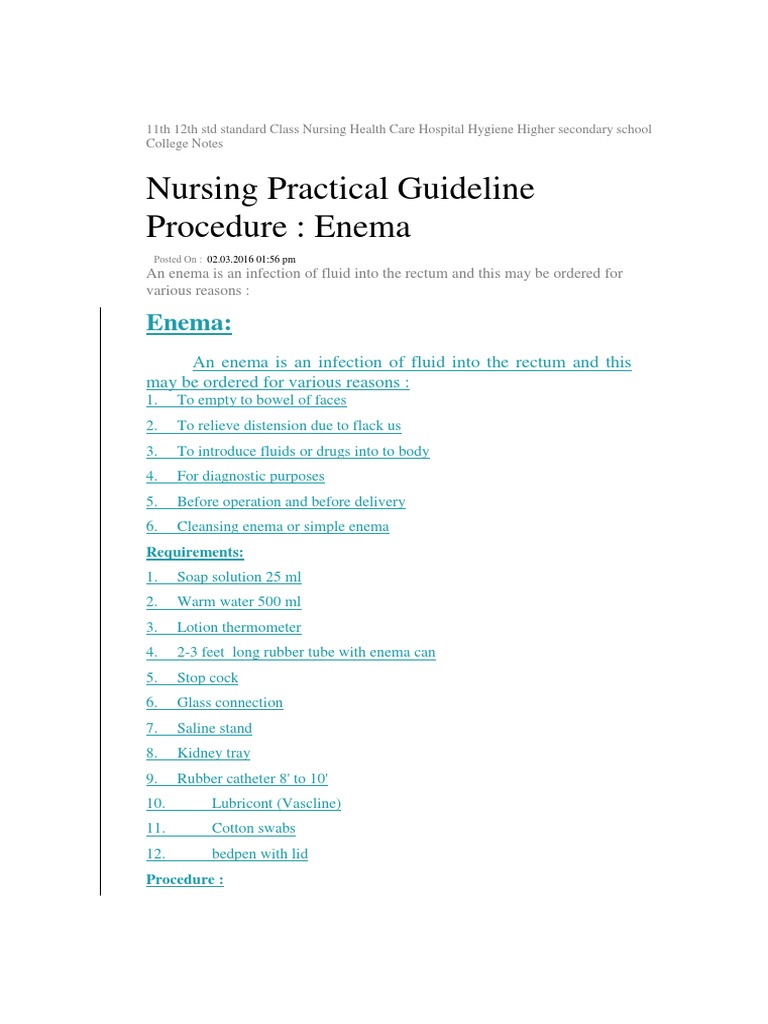 Nursing Practical Guideline Procedure Enema | PDF | Injection (Medicine ...