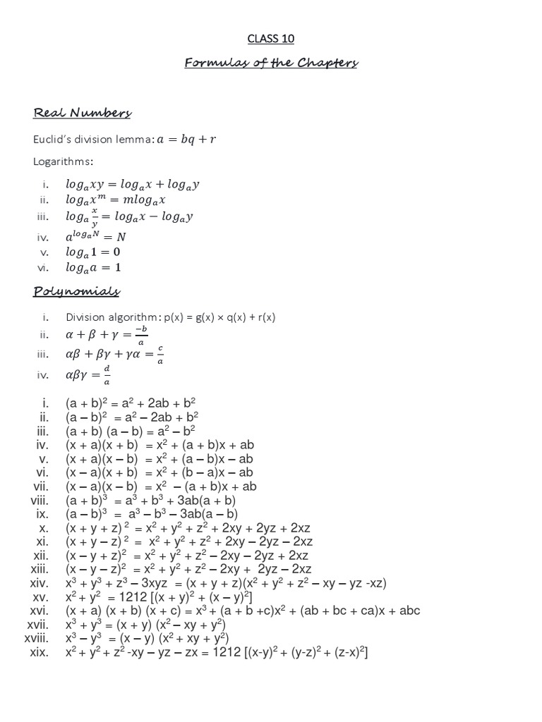 Class 10 Math Formulas (C.B.S.E) | PDF | Quadratic Equation ...