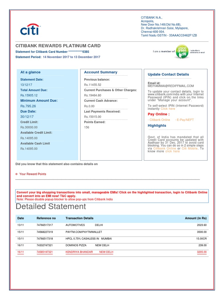 Detailed Statement: Citibank Rewards Platinum Card | PDF | Credit Card ...
