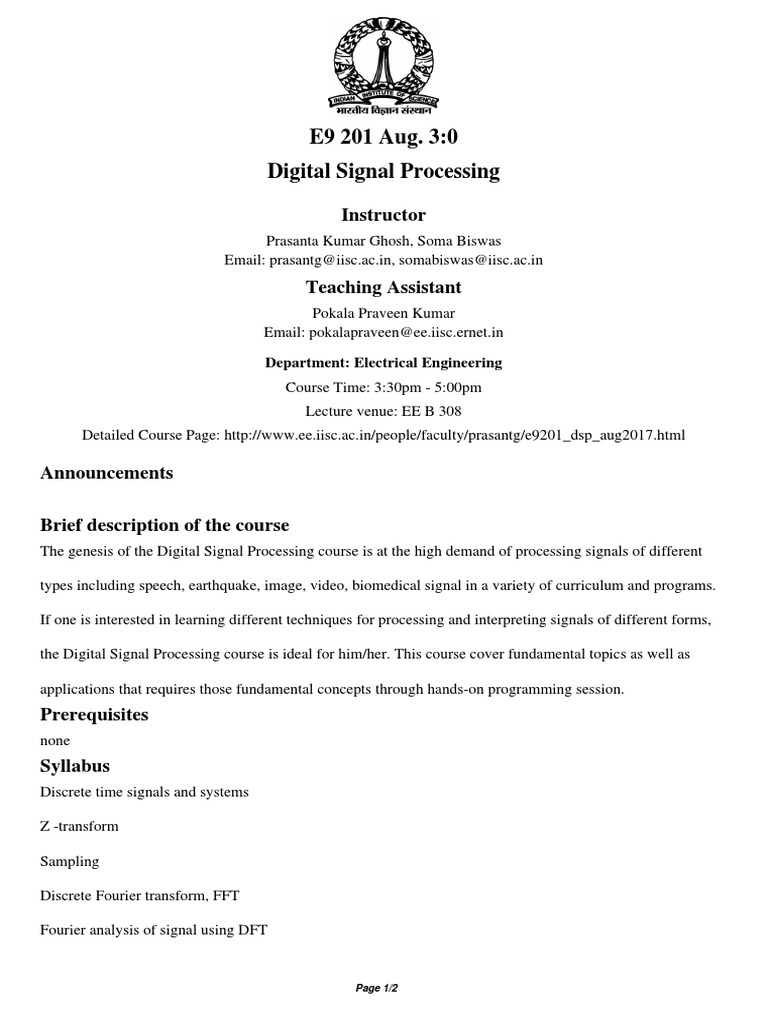 E9 201 Aug. 3:0 Digital Signal Processing: Instructor | Download Free PDF | Digital Signal ...