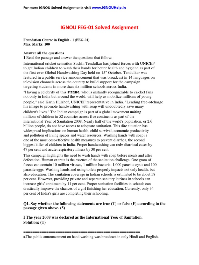IGNOU FEG-01 Solved Assignments | PDF | Sanitation | Hand Washing