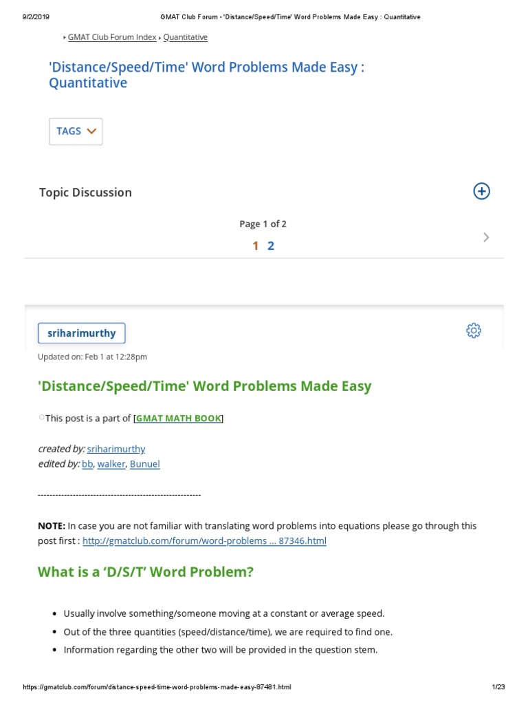 GMAT Club Forum - 'Distance - Speed - Time' Word Problems Made Easy ...