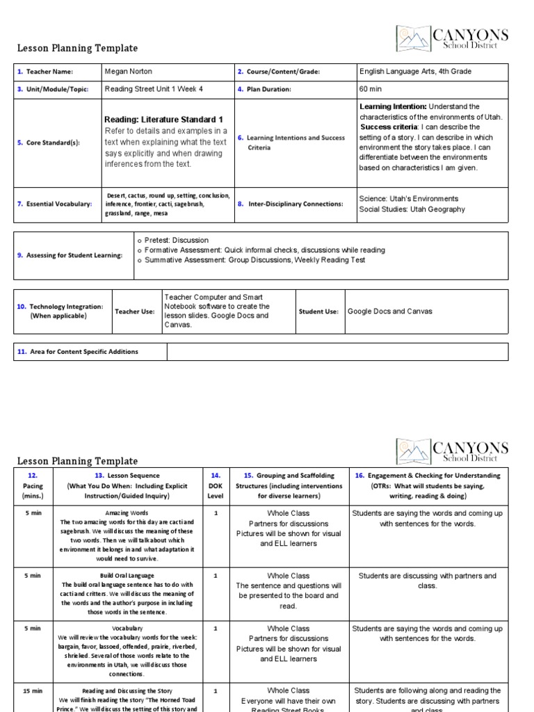 Lesson Planning Template: Reading: Literature Standard 1 | PDF ...
