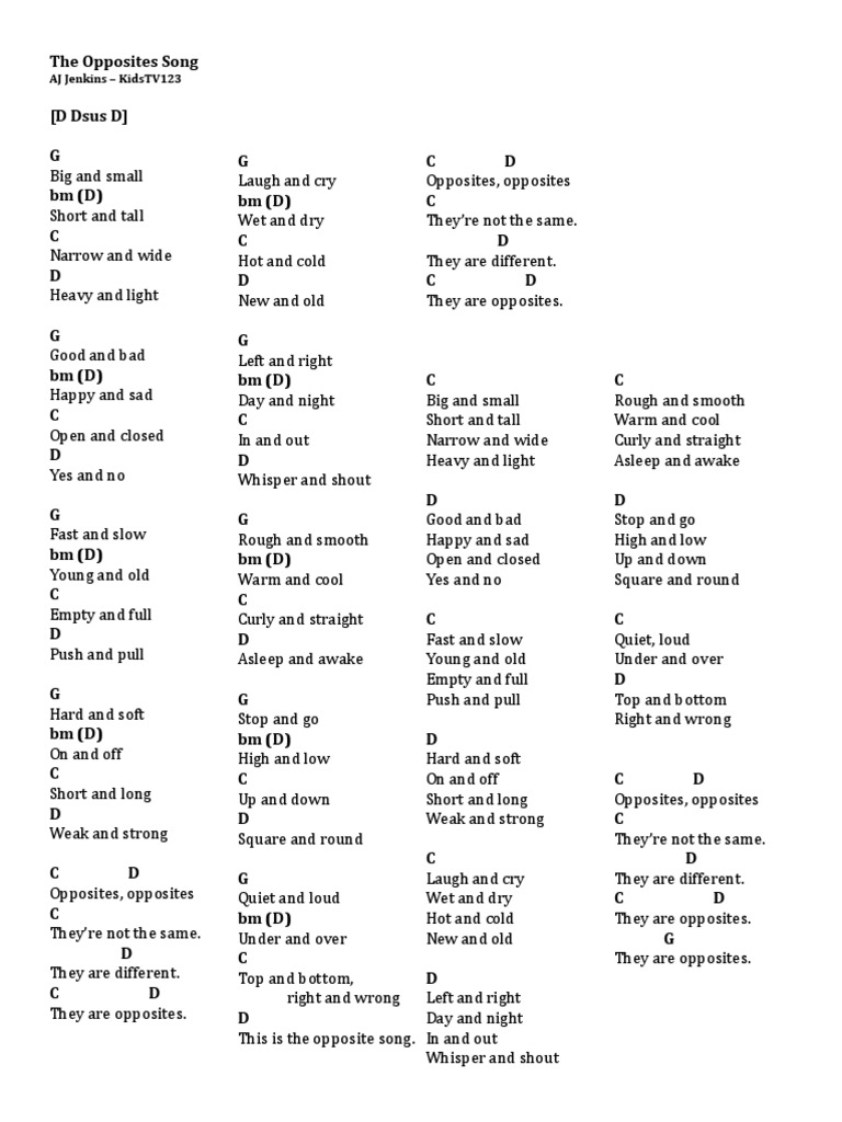 The Opposites Song by A Jenkins KidsTV123 | PDF | Nature | Nature