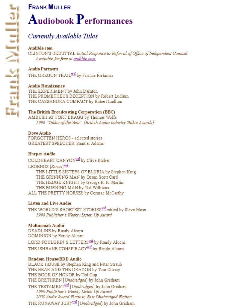 Frank Muller - Complete AudioBook List | PDF | Stephen King | English Language Literature