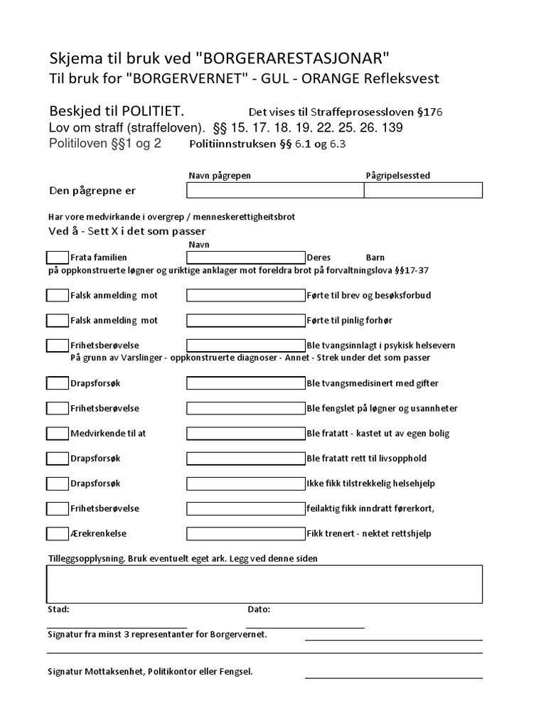 Skjema Til Bruk Ved Borgerarrestasjoner | PDF