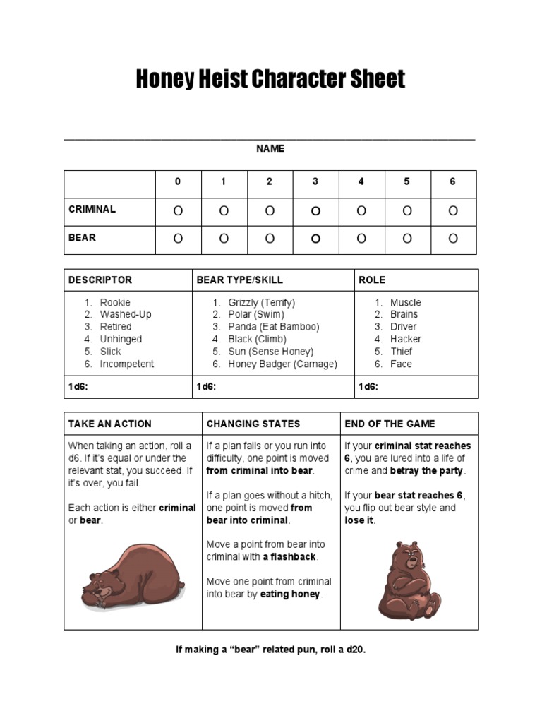 Honey Heist - Character Sheets | PDF