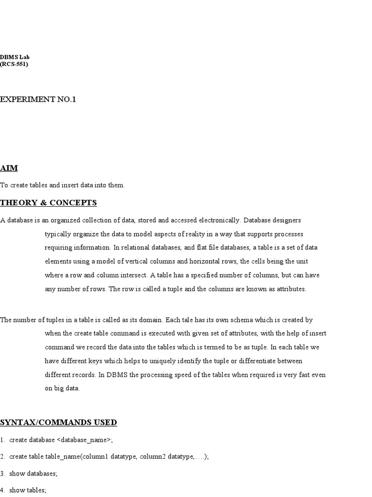 Experiment No.1: Dbms Lab (RCS-551) | PDF | Table (Database) | Data Model