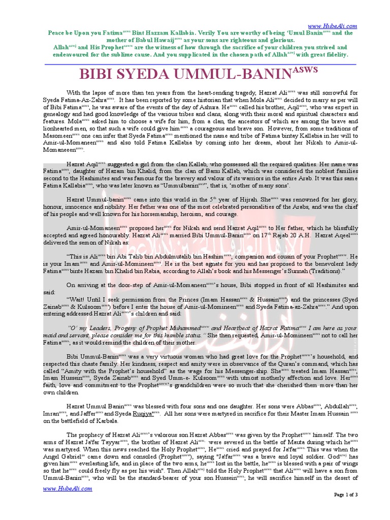Bibi Ummul Banin Asws PDF | PDF | Husayn Ibn Ali | Martyr