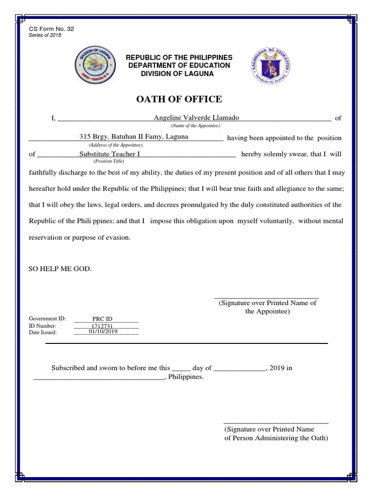 Oath of Office: Republic of The Philippines Division of Laguna | PDF