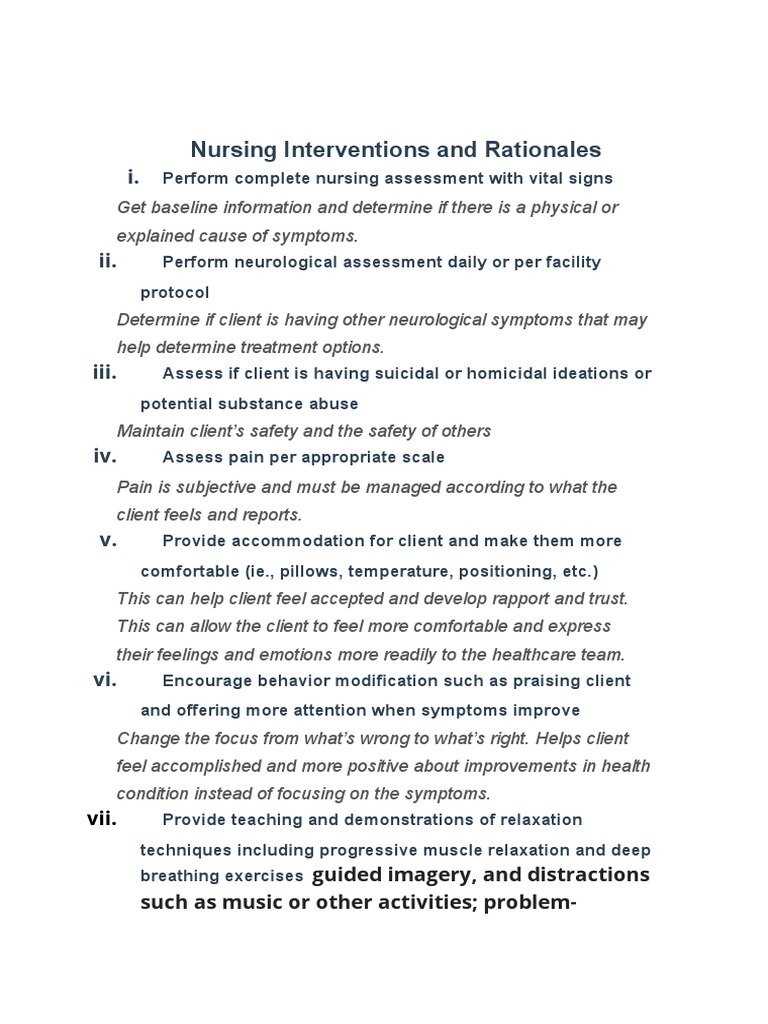 Nursing Interventions and Rationales | PDF | Relaxation (Psychology) | Pain