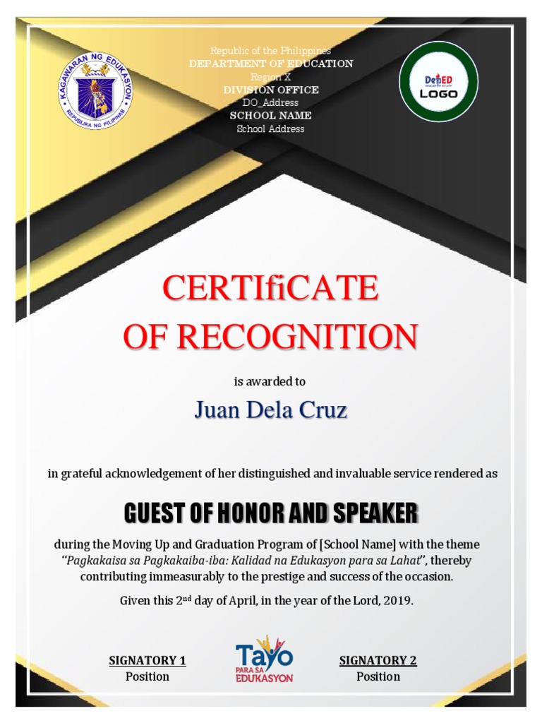 Certificate of Recognition For Guest of Honor and Speaker Template 3 | PDF