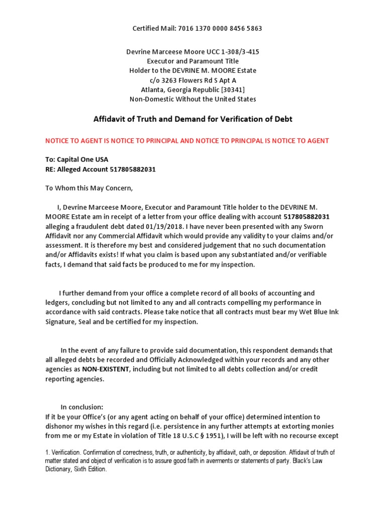 Affidavit of Truth and Demand for Verification of Debt | Affidavit ...