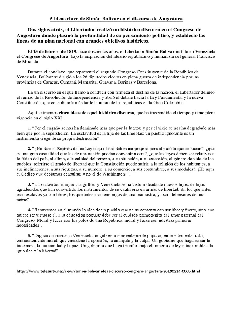 5 Ideas Clave de Simón Bolívar en El Discurso de Angostura | PDF ...