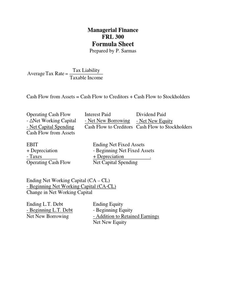 Formula Sheet: Managerial Finance FRL 300 | PDF | Equity (Finance ...
