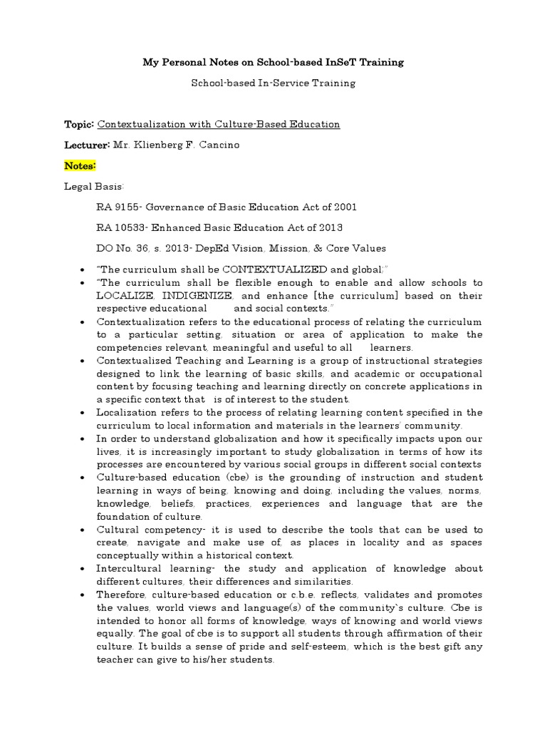 My Personal Notes On Inset | Download Free PDF | Curriculum | Classroom ...