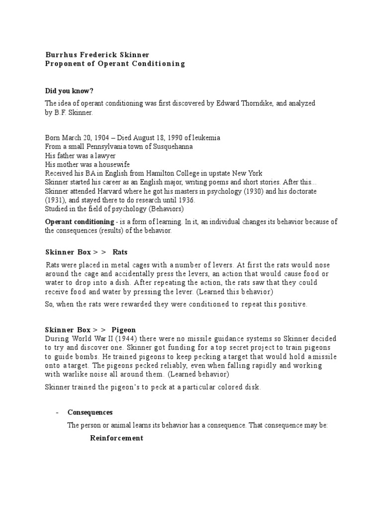 BF Skinner Written Report | PDF | Reinforcement | Psychological Theories