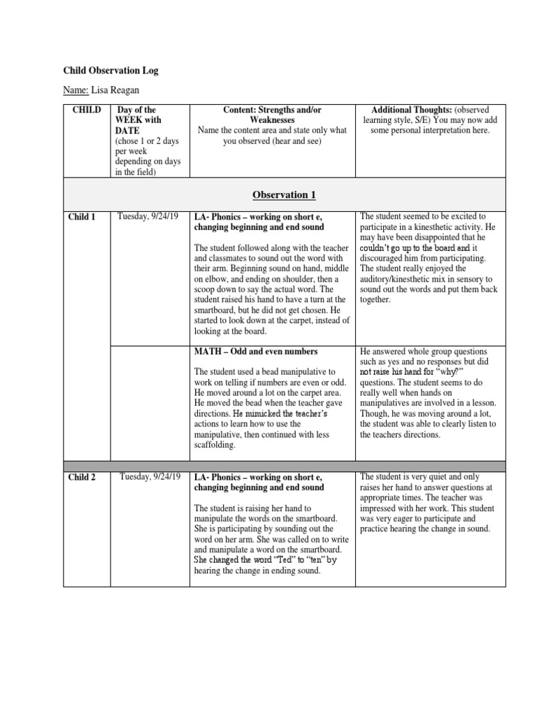 Child Observation Log - Assessment Portfolio | PDF | Phonics | Vowel