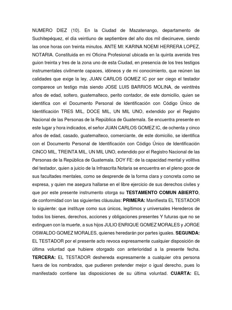 Testamento Común Abierto (Testador Ciego) | PDF | Voluntad y testamento ...