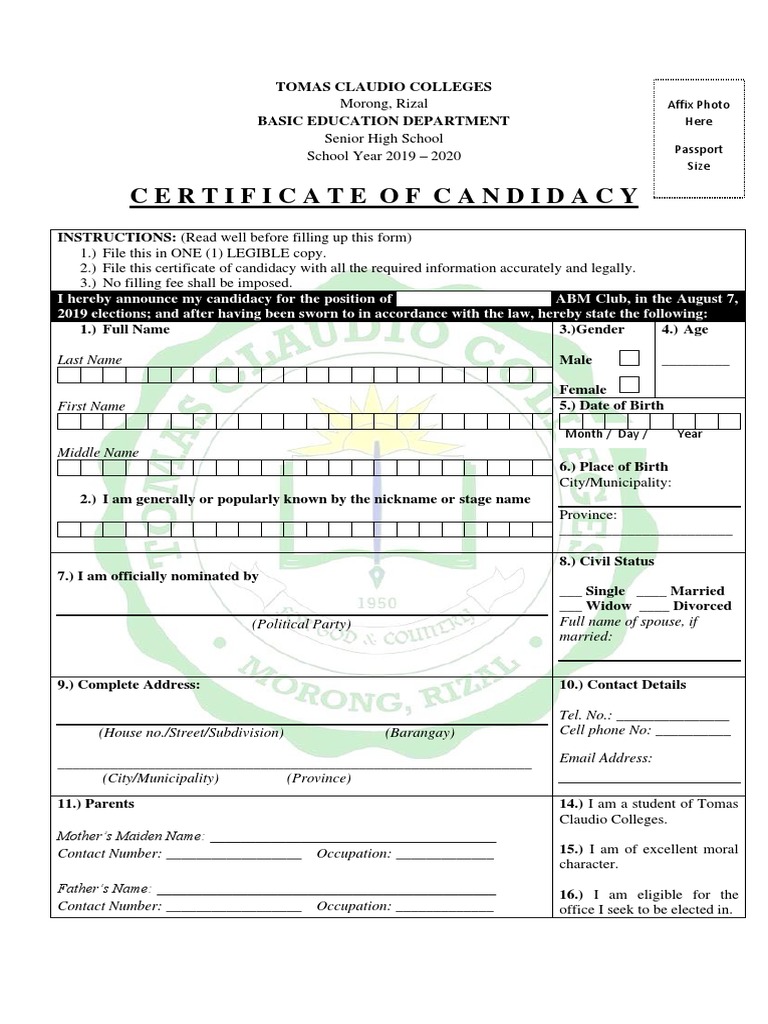 Certificate of Candidacy | PDF | Government | Social Institutions