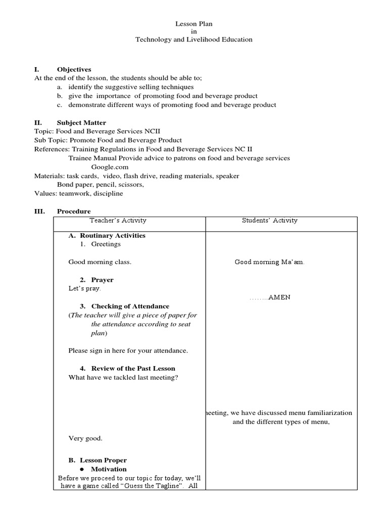 Lesson Plan | PDF | Drink | Foods
