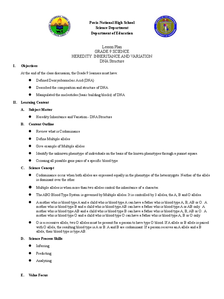 Grade 9 DNA Structure Lesson Plan | PDF | Nucleotides | Allele