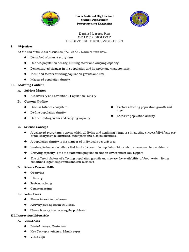 Detailed Lesson Plan Grade 9 Biology Biodiversity and Evolution | PDF ...