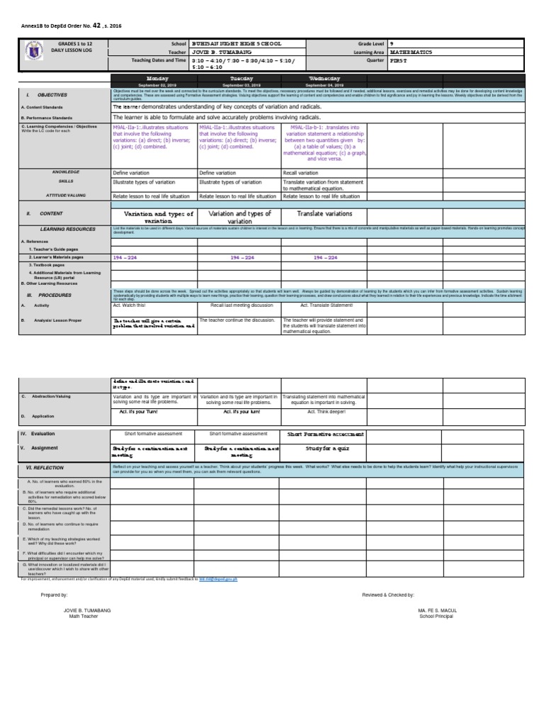 Math 9 DLL | PDF | Educational Assessment | Teachers