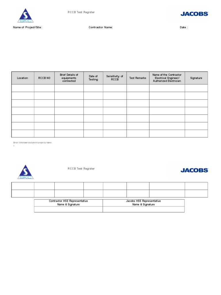 Name of Project/Site: Contractor Name: Date:: RCCB Test Register | PDF