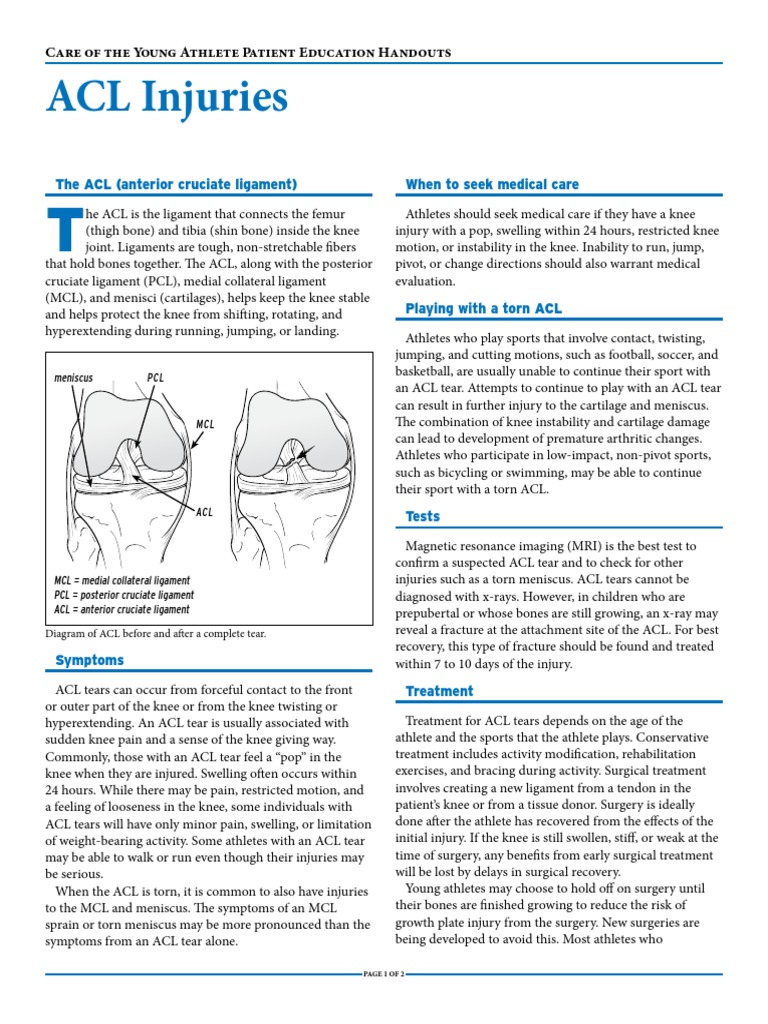 ACL Injuries: Care of The Young Athlete Patient Education Handouts ...