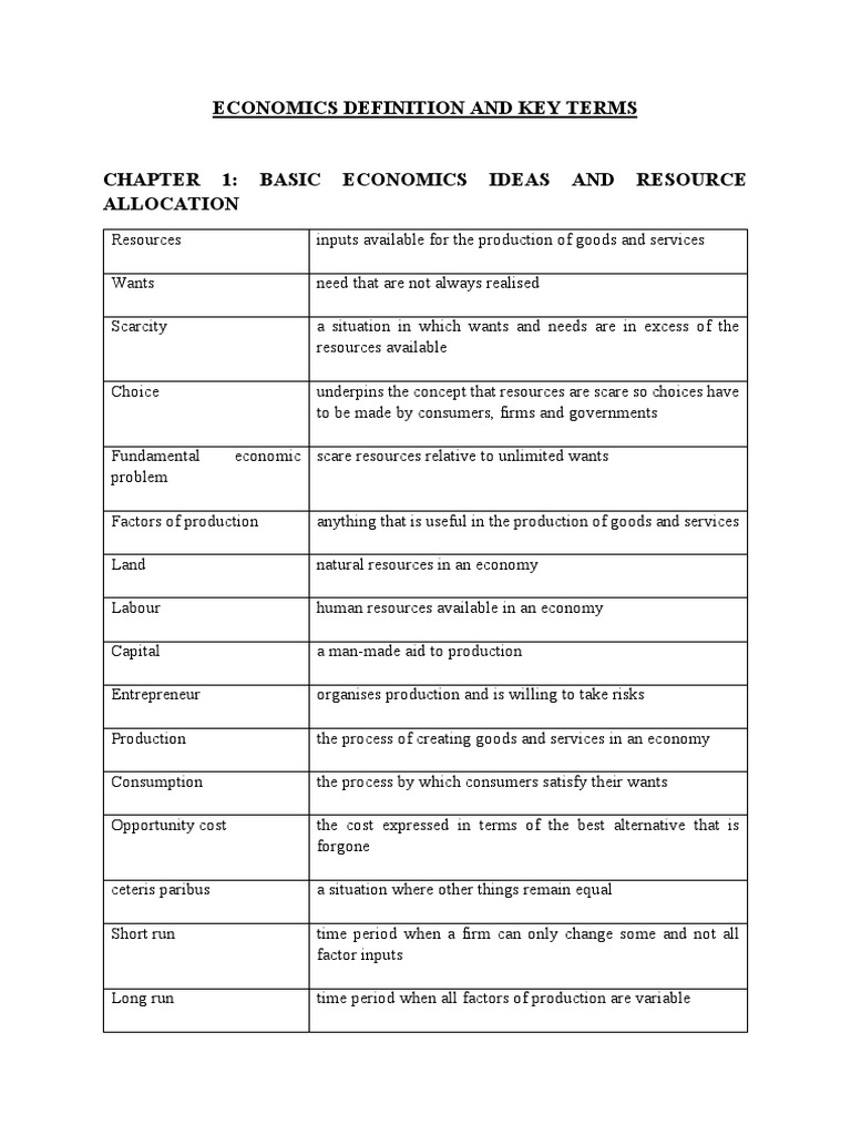Economics Definition and Key Terms Chapter 1: Basic Economics Ideas and ...