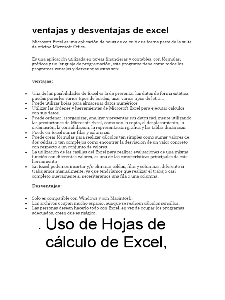 Ventajas y Desventajas de Excel | PDF | Microsoft Excel | Hoja de cálculo Ventajas y Desventajas de Excel | PDF | Microsoft Excel | Hoja de cálculo