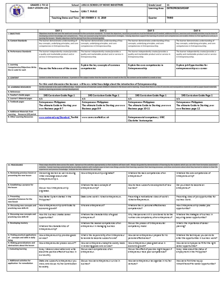 DLL Entrep Week 1 | PDF | Entrepreneurship | Curriculum