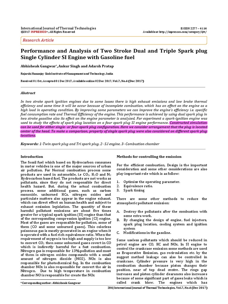 Performance and Analysis of Two Stroke Dual and Triple Spark Plug ...