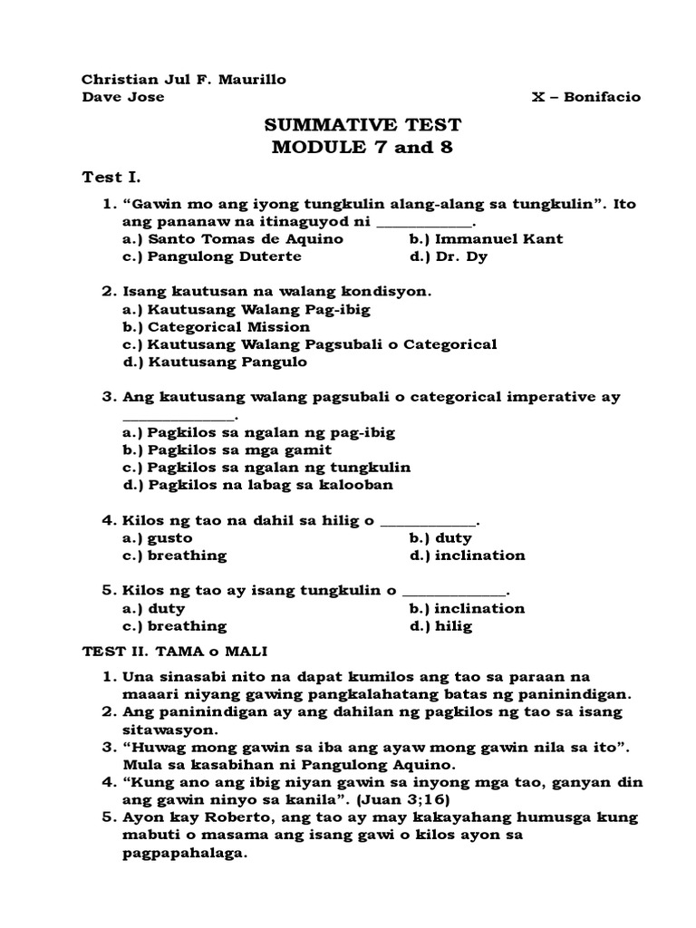 EsP Summative Questions | PDF